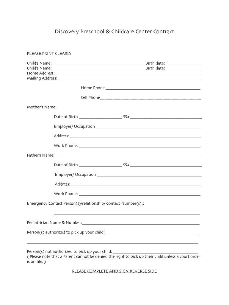 Fillable Online Discovery Preschool amp Childcare Center Contract Fax Email Print - pdfFiller