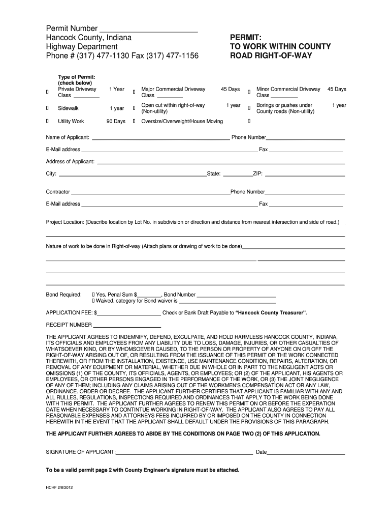 Fillable Online Permit To Work Within Right-of-Way - Hancock County ...