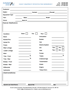 Fillable Online Summit Leasing - Heavy Equipment Specification ...