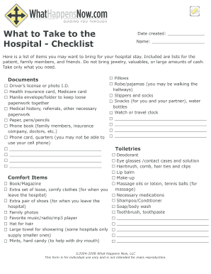 Fillable Online What to Take to the Hospital - Checklist - What Happens ...