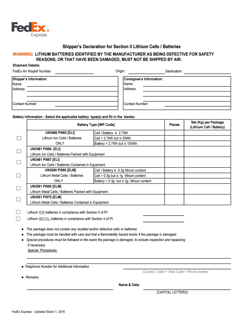 FedEx Shipper s Declaration For Section II Lithium Cells Batteries 2016