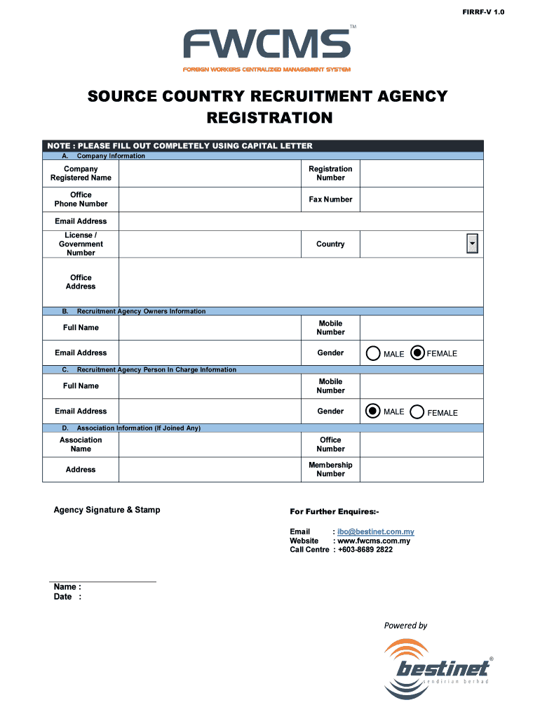 Fillable Online SOURCE COUNTRY RECRUITMENT AGENCY REGISTRATION ...