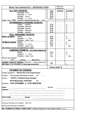 Fillable Online Wirral Folk Festival 2014 -- BOOKING FORM Fax Email ...