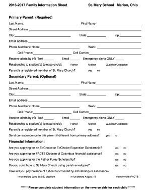 Fillable Online school marionstmary 2016-2017 Family Information Sheet ...