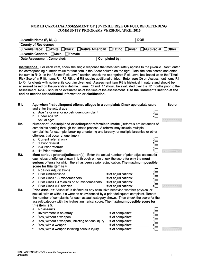 Fillable Online Form - ASSESSMENT OF JUVENILE RISK OF FUTURE OFFENDING ...