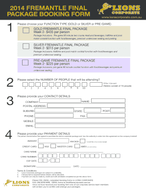 Fillable Online 2014 FREMANTLE FINAL PACKAGE BOOKING FORM Fax Email ...