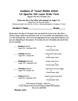 Fillable Online Academy of Tucson Middle School 1st Quarter Hot Lunch ...
