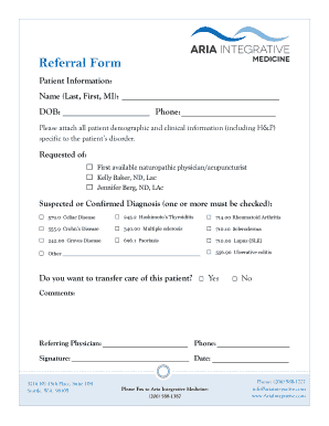 Fillable Online Referral Form - Aria Integrative Medicine Fax Email Print - pdfFiller