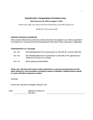 Fillable Online rflnetwork ReadyForLife transportation permission form ...