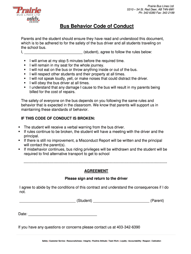 Fillable Online Bus Behavior Code of Conduct - Prairie Bus Lines Fax ...