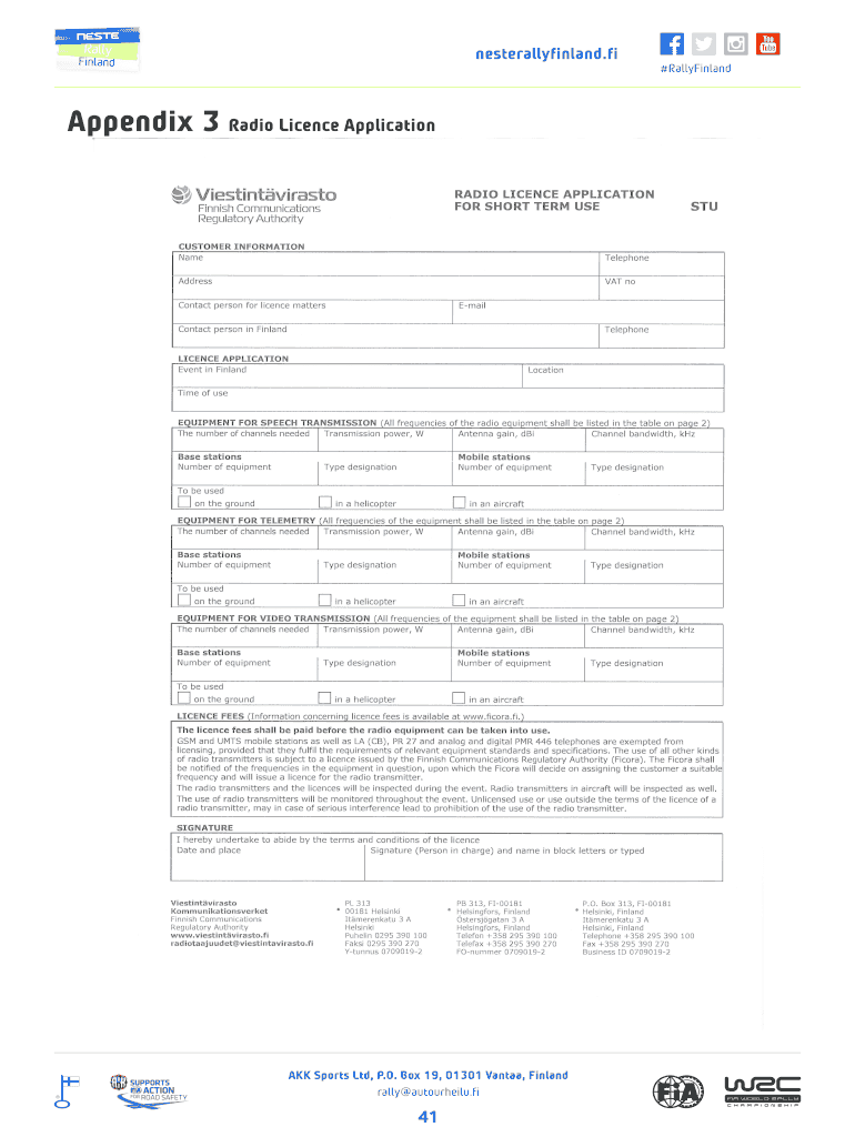 Fillable Online nesterallyfinland Appendix 3 Radio Licence Application - Rally Finland Fax Email ...