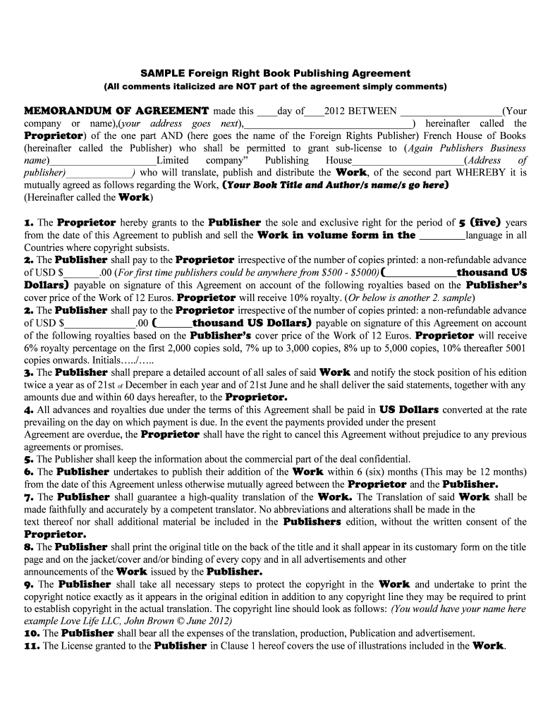 Fillable Online SAMPLE Foreign Right Book Publishing Agreement ...