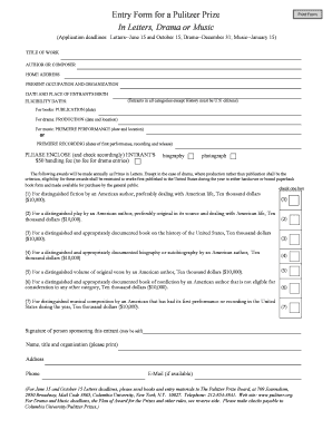 Fillable Online Entry Form for a Pulitzer Prize In Letters Drama or Fax Email Print - pdfFiller