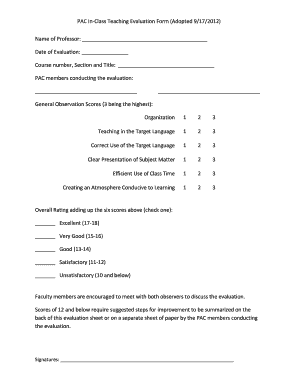 Fillable Online worldlanguages unt PAC In Class EVALUATION FORM 12 09 ...