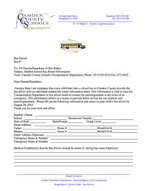 Fillable Online camden schooldesk Student School Bus Roster Information ...