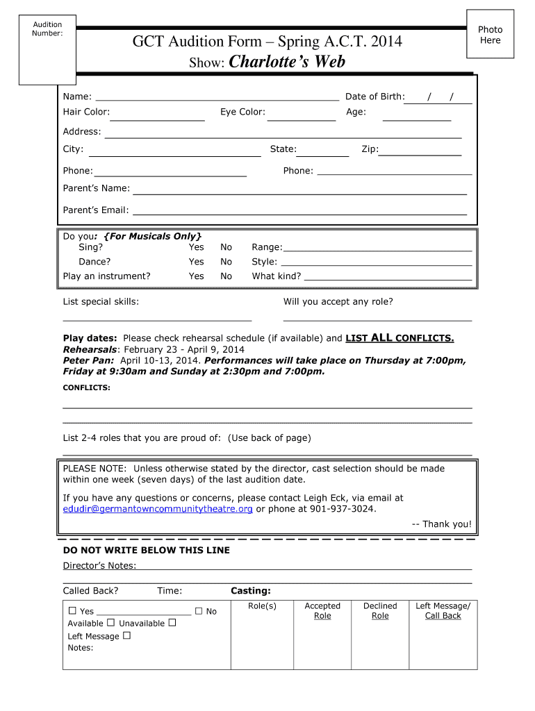 Fillable Online gctcomeplay GCT Audition Form - Germantown Community Theatre - gctcomeplay Fax ...