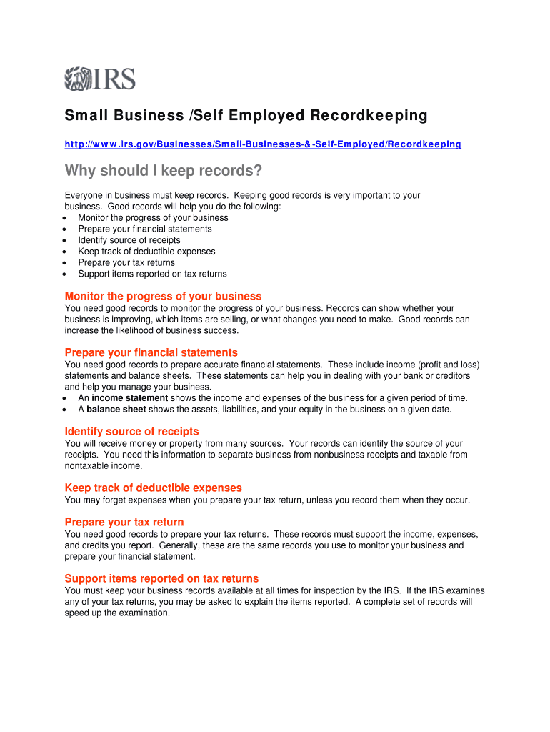 Fillable Online Small Business /Self Employed Recordkeeping Fax Email ...