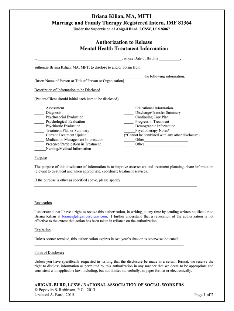 Fillable Online Briana Kilian, MA, MFTI Marriage and Family Therapy ...