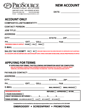 Fillable Online New account form - Pro Source Promotions Fax Email ...