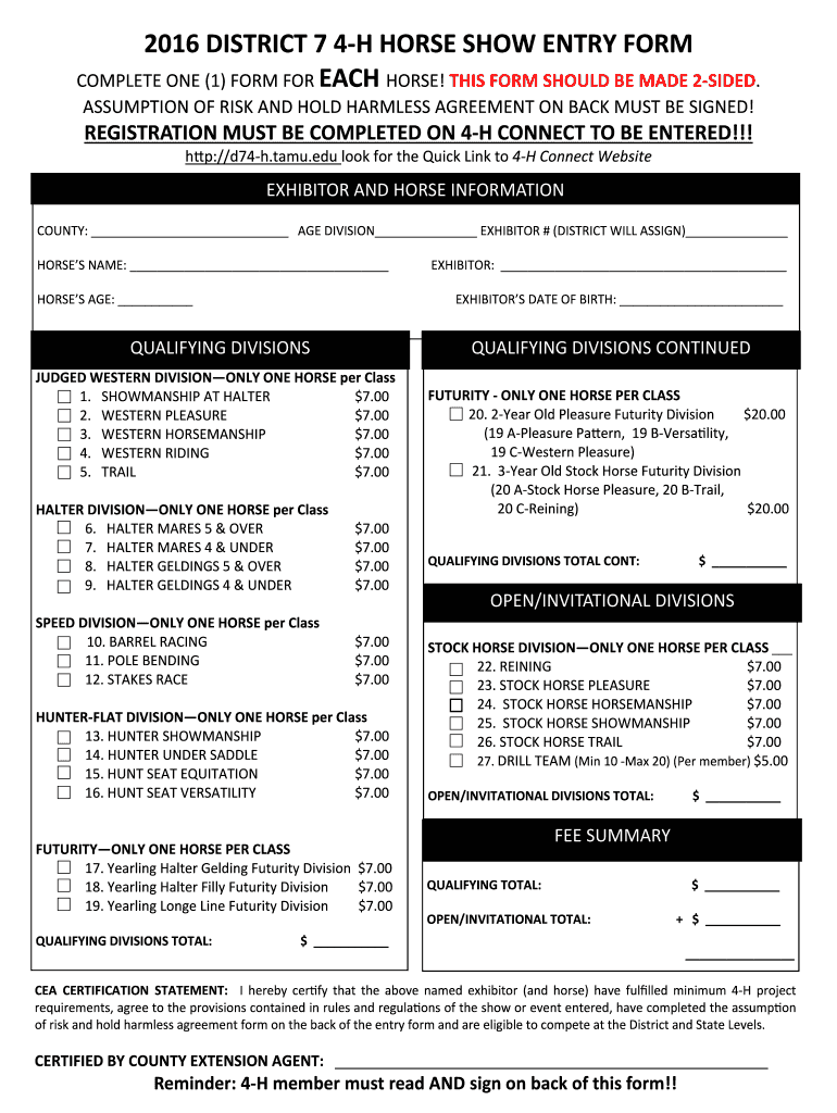 Fillable Online d74-h tamu 2015 D7 Horse Show Letter Entry Form - d74 ...
