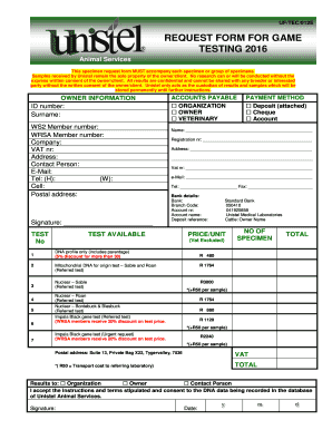 Fillable Online unistelanimalservices co REQUEST FORM FOR GAME TESTING ...