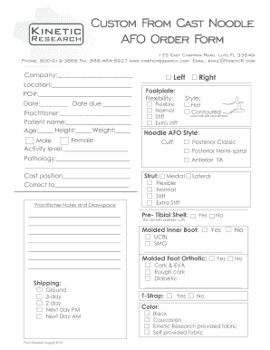 Fillable Online BCustomb From Cast Noodle AFO Order bFormb - Kinetic ...