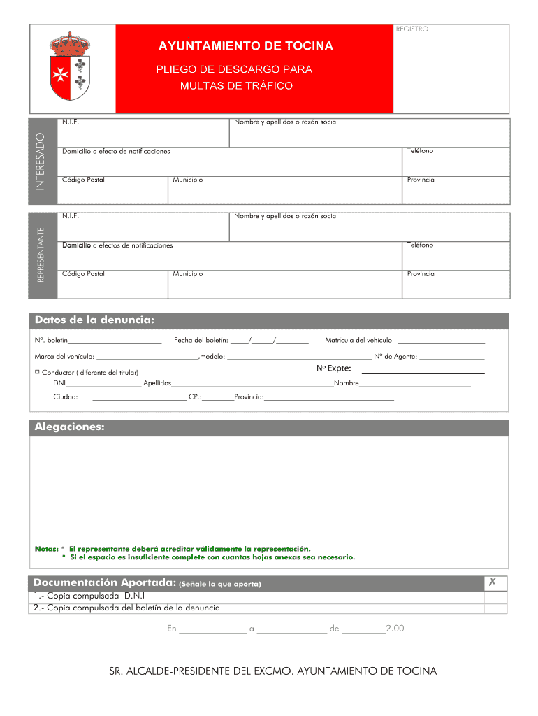 Fillable Online tocinalosrosales pliego de descargo para multas de tr ...