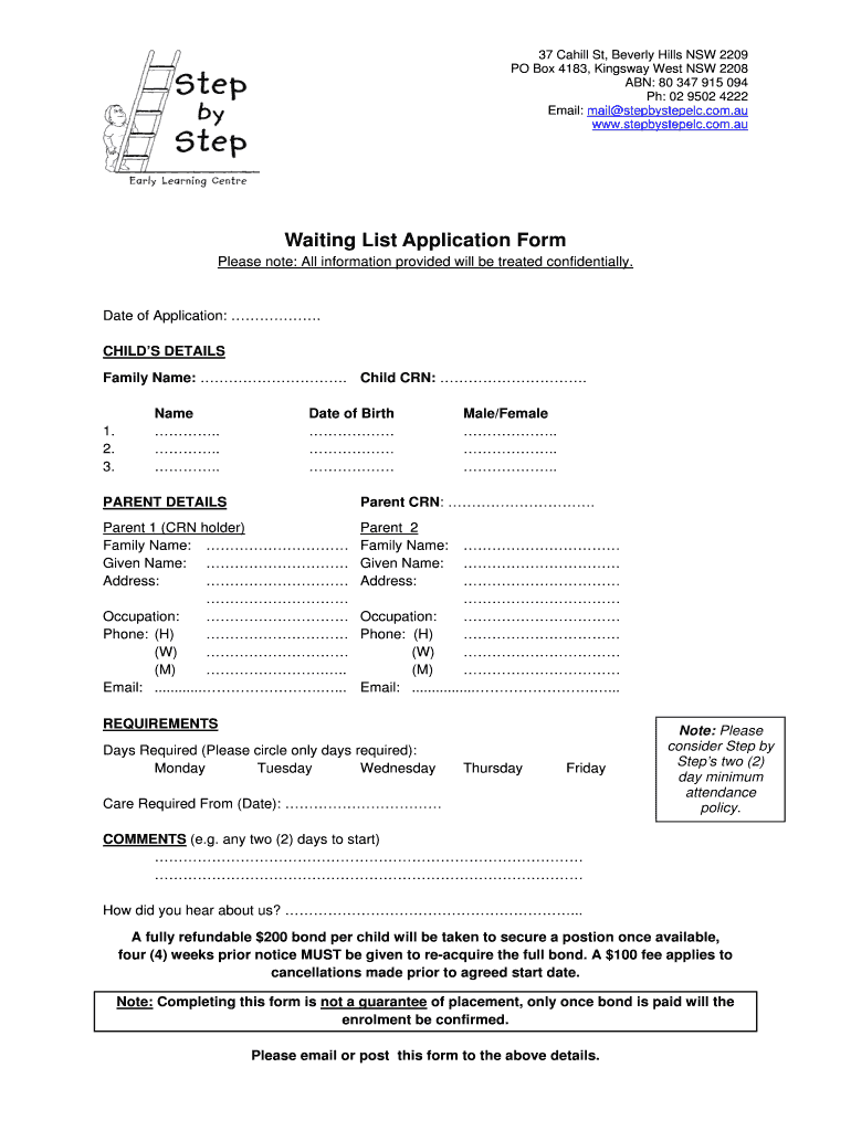 Fillable Online Waiting List Application bFormb Fax Email Print - pdfFiller
