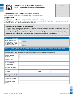 Fillable Online der wa gov BFormb CW8 bAmendmentb to a controlled waste licence78765 KB Fax ...