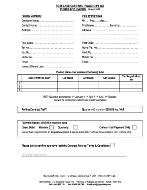 Fillable Online ROSE LANE APPLICATION FORM - RCP Parking Fax Email ...