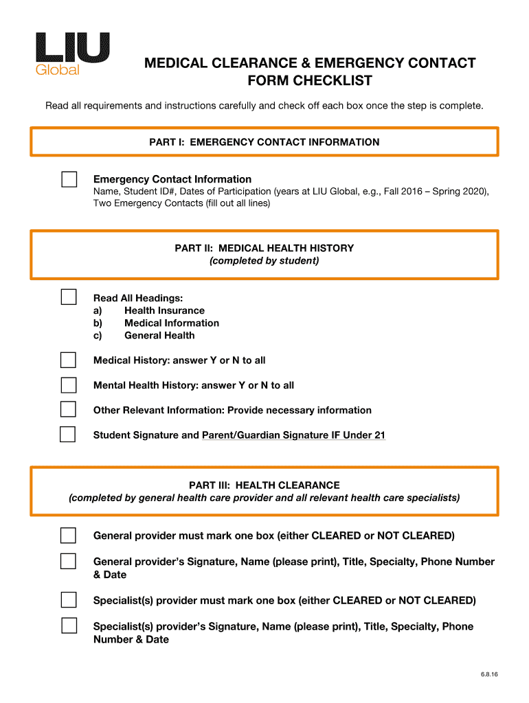 Fillable Online liu Medical clearance amp emergency contact form checklist - Long Island bb Fax ...