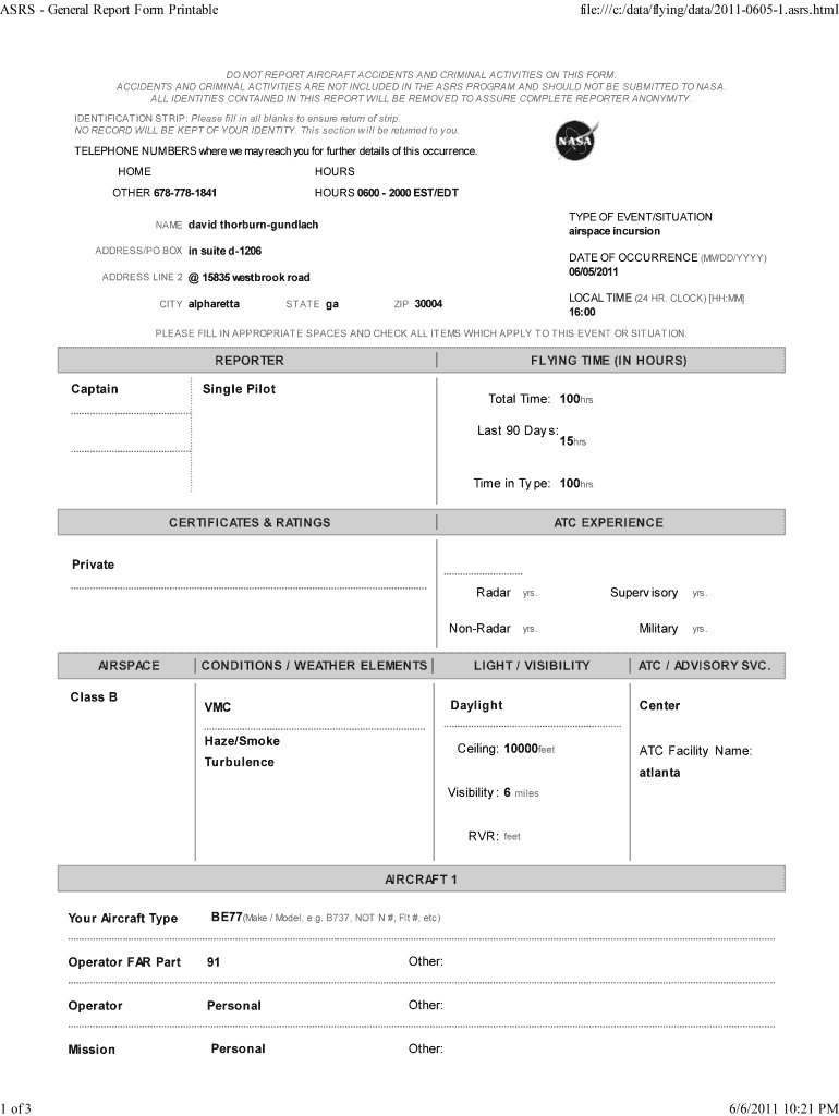 Fillable Online flying justpickone ASRS - General Report bFormb ...