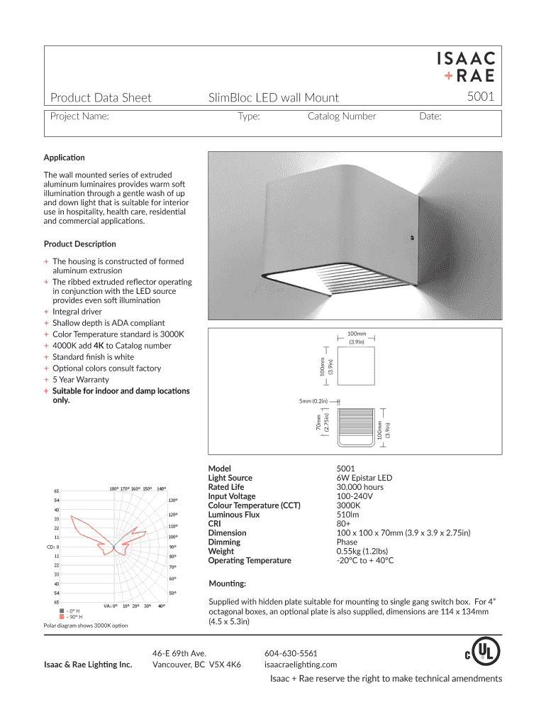 Fillable Online Product Data Sheet SlimBloc LED wall Mount 5001 Fax ...