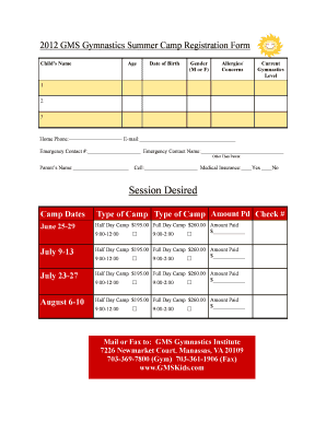 Fillable Online 2012 GMS Gymnastics Summer Camp Registration Form ...