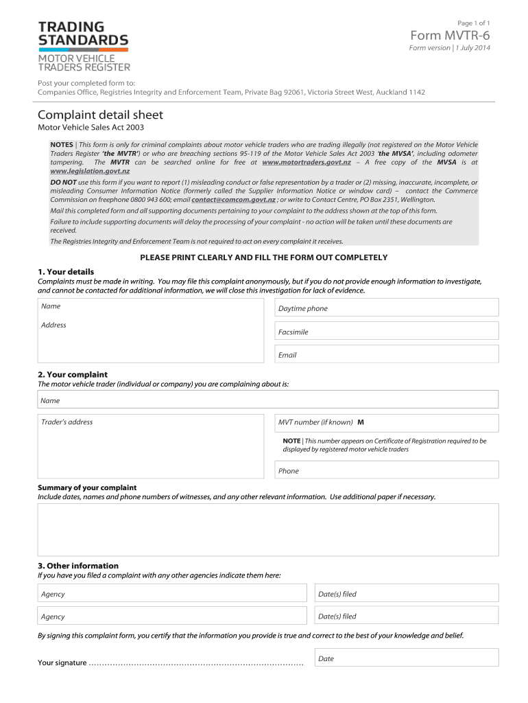 Fillable Online motortraders govt Form MVTR-6 Complaint detail sheet ...