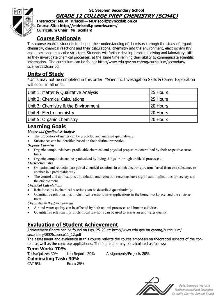 Fillable Online Grade 12 college prep chemistry (sch4c) - mdriscoll ...