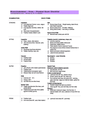 Fillable Online Musculoskeletal Knee Physical Exam Checklist Fax Email ...