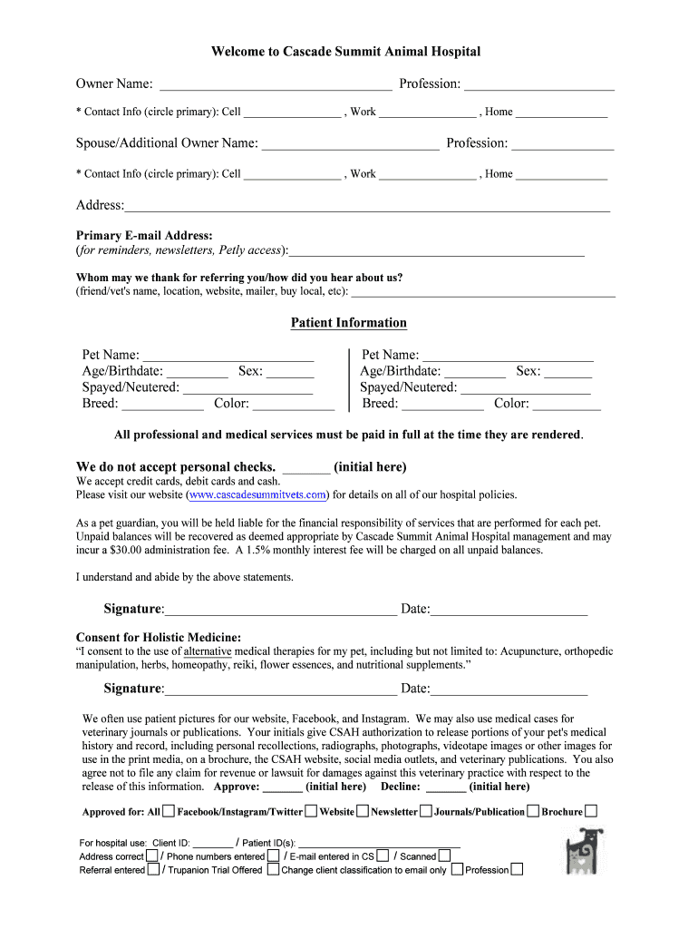 Fillable Online New Client Form - Cascade Summit bAnimalb Hospital Fax ...