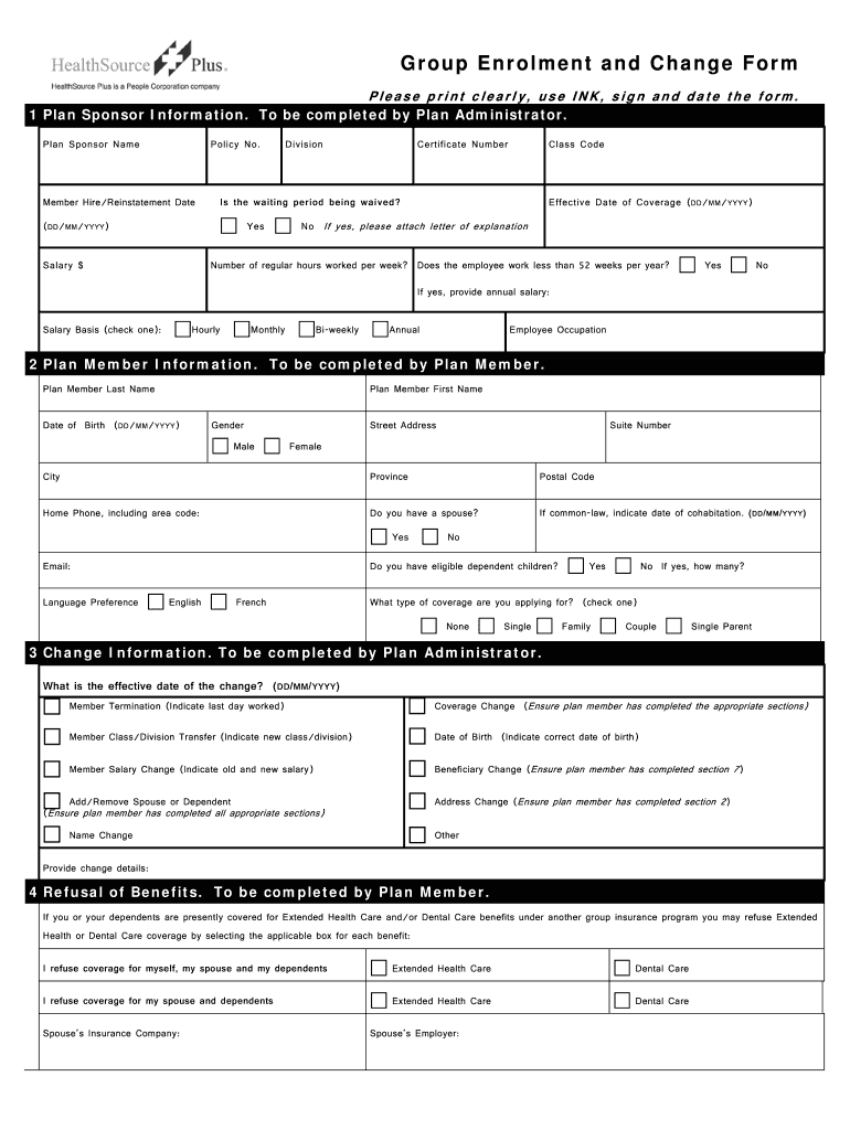 Fillable Online Group Enrolment and Change Form - SourceSant Plus Fax ...