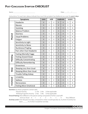 Fillable Online POST-COnCuSSiOn SYmPTOm CHeCKliST Fax Email Print ...