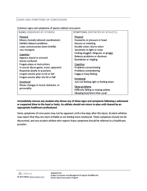 Fillable Online SIGNS AND SYMPTOMS OF CONCUSSION Common signs and ...