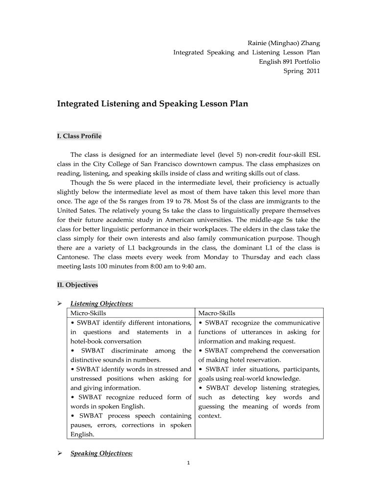 Fillable Online Integrated Listening and Speaking Lesson Plan - Minghao ...