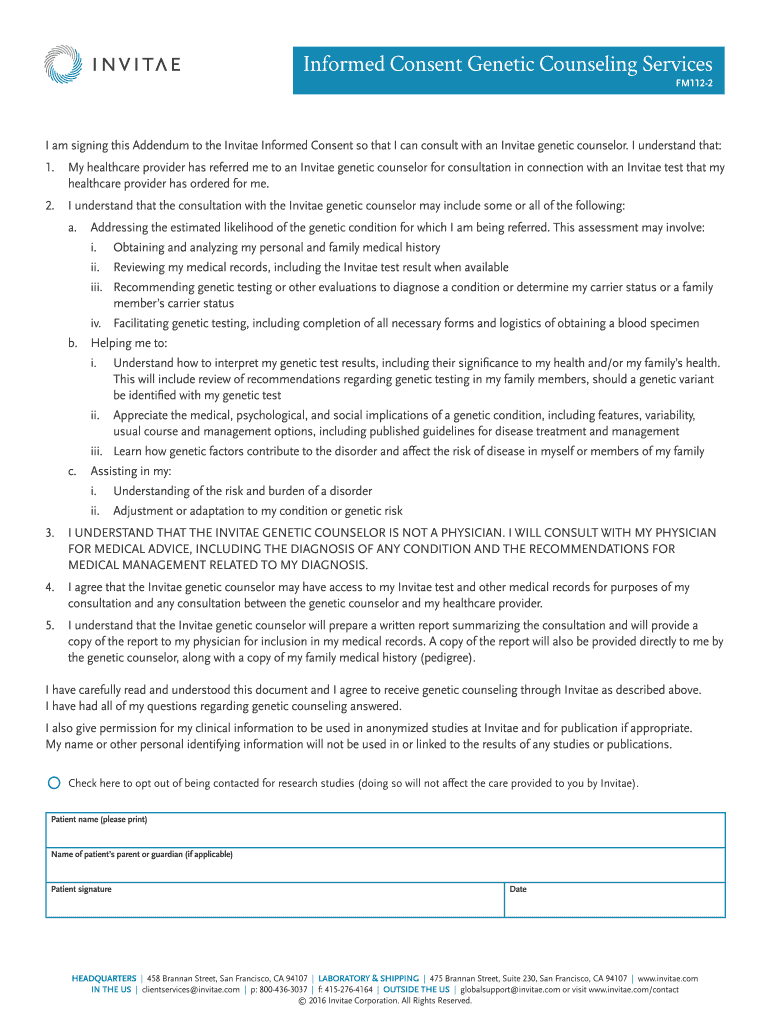 Fillable Online Informed Consent Genetic Counseling Services FM112-2 ...