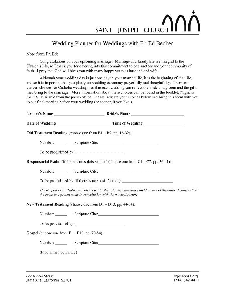 Fillable Online stjosephsa SAINT JOSEPH CHURCH Wedding Planner for ...