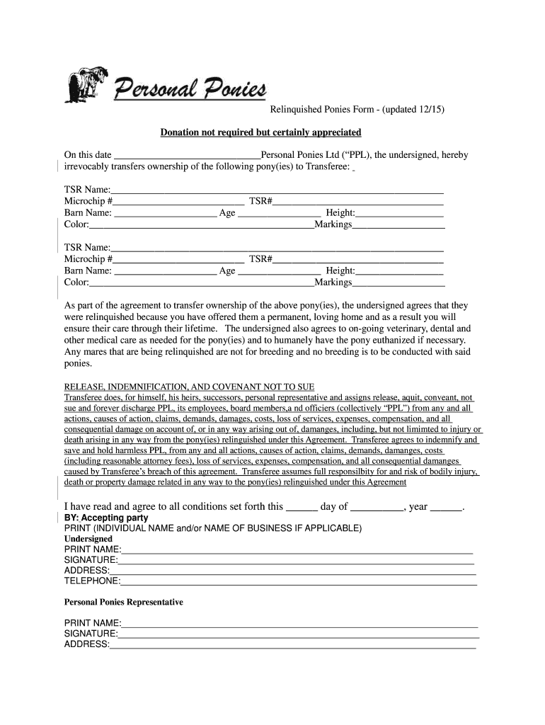 Fillable Online personalponies Relinquish Ponies Form1 52015 Fax Email Print - pdfFiller
