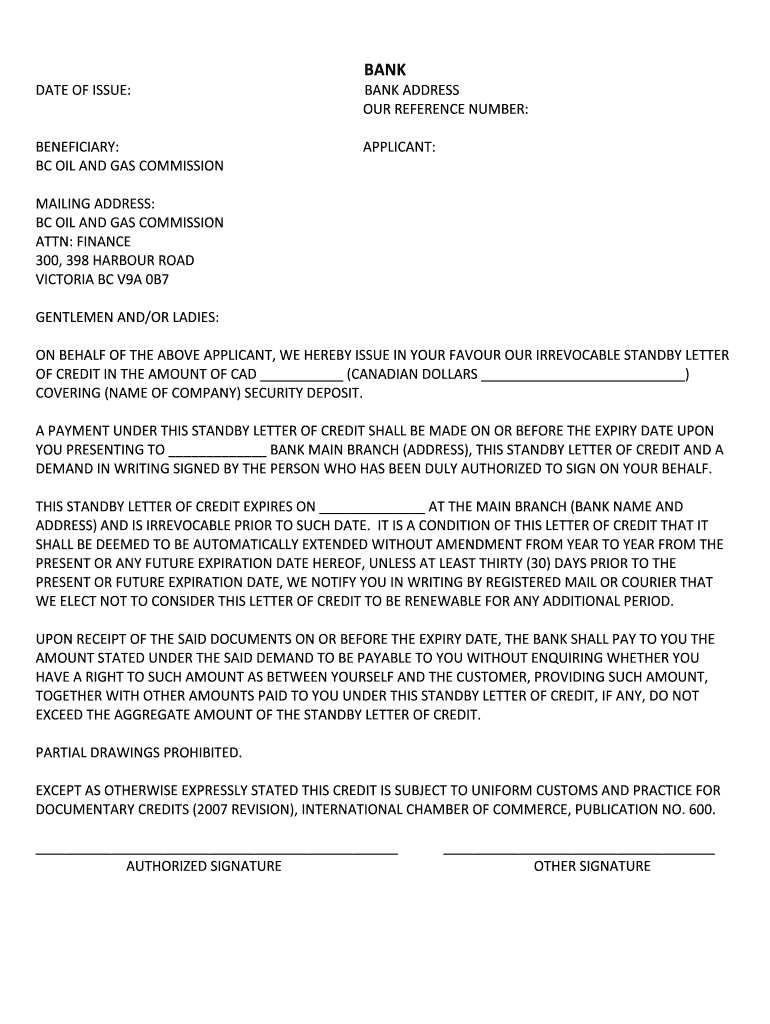 Fillable Online bcogc BANK DATE OF ISSUE BANK ADDRESS OUR REFERENCE ...