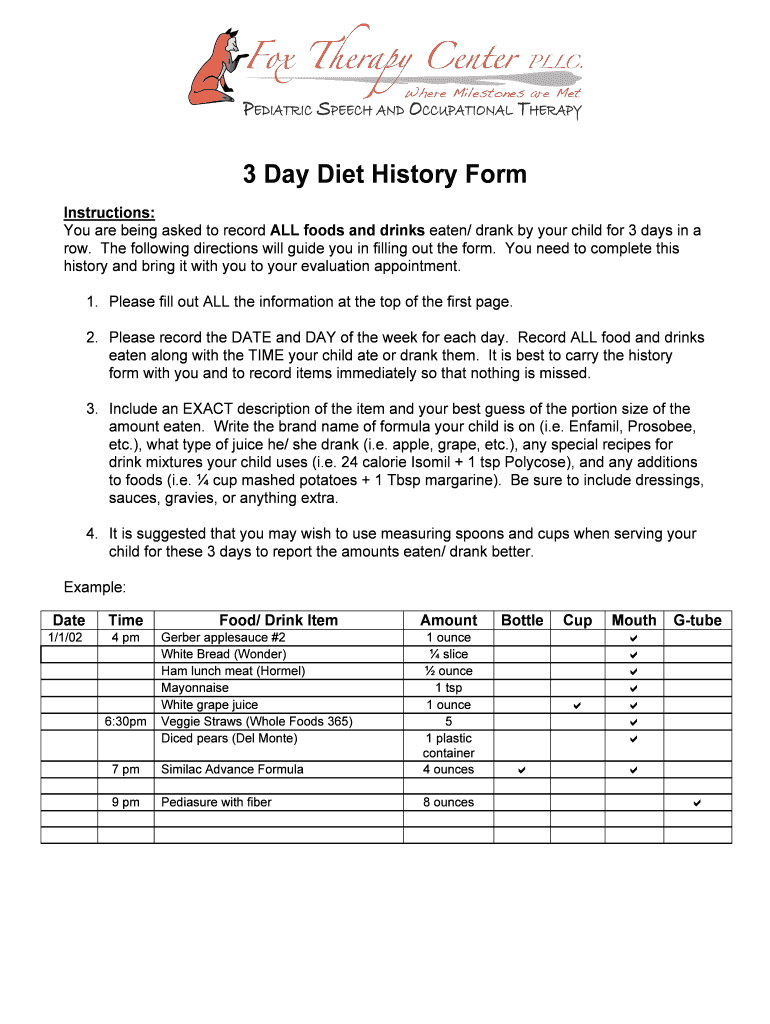 Fillable Online 3 Day Diet History Form - Fox Therapy Center PLLC Fax ...
