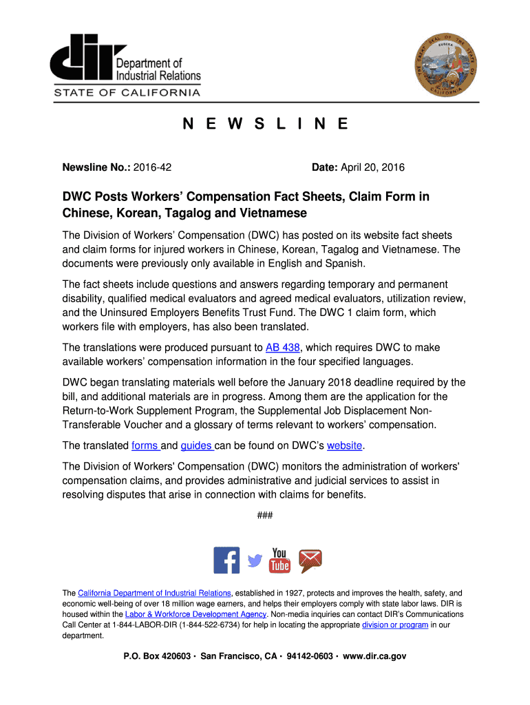 Fillable Online DWC Posts Workers Compensation Fact Sheets, Claim Form ...