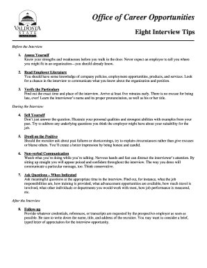 Fillable Online valdosta Interview Tips Handout - Valdosta State ...