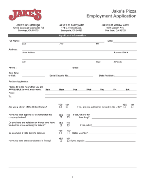 Fillable Online Jake39s Pizza bEmployment Applicationb - The Garret Fax ...